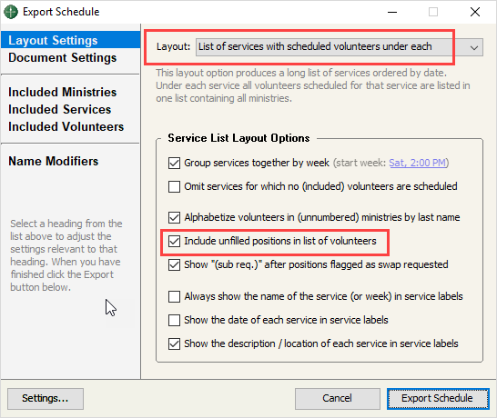 Is there a way to export a list of all unfilled positions in a schedule ...
