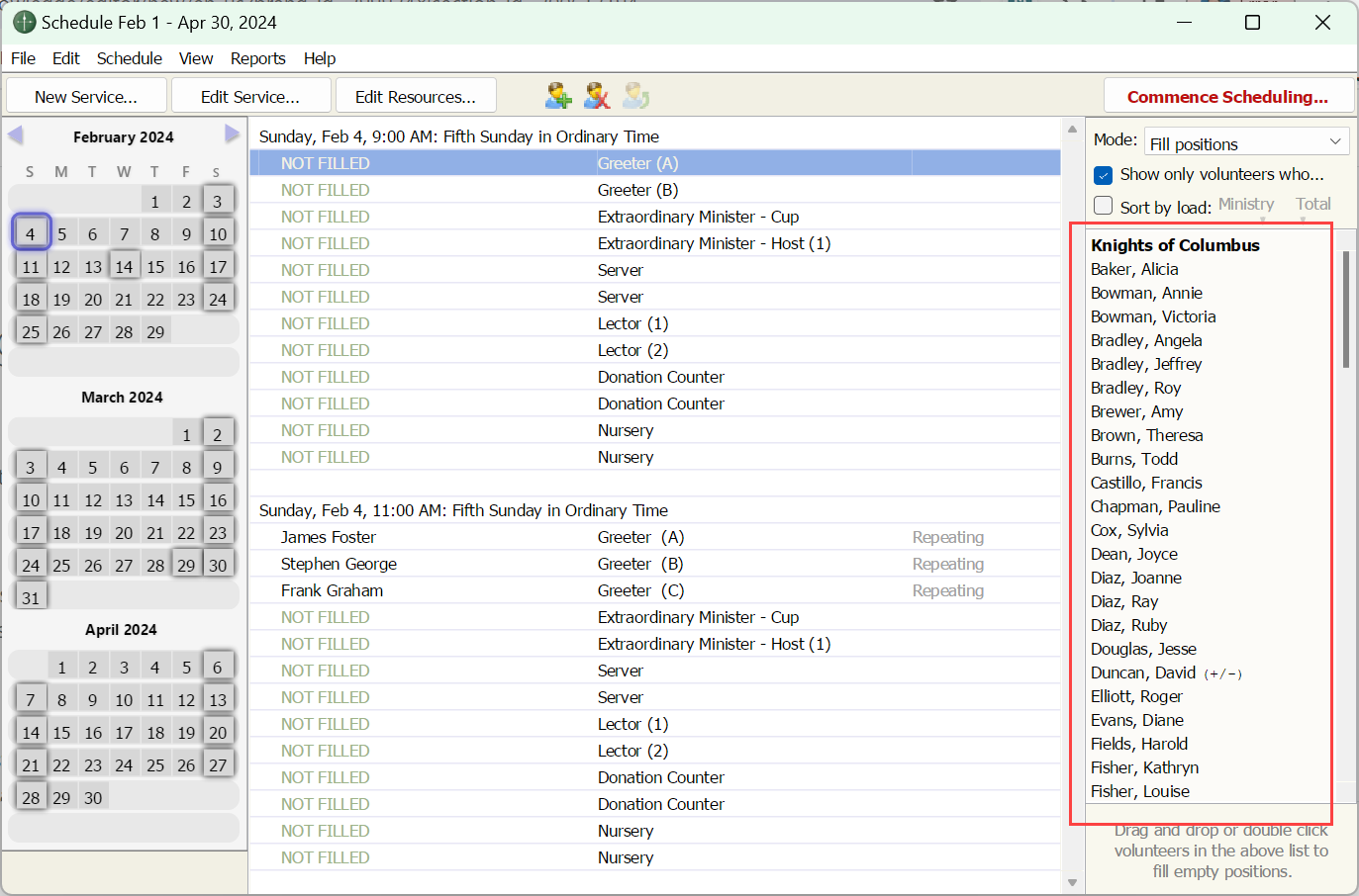 Manually scheduling volunteers – Ministry Scheduler Pro