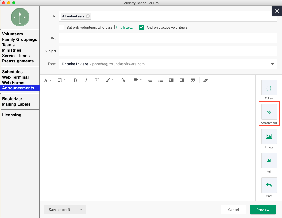 Add attachments to emails – Ministry Scheduler Pro