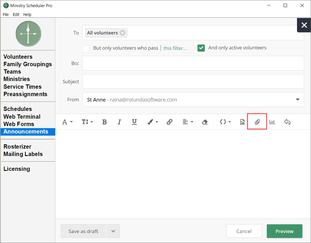 Add attachments to emails – Ministry Scheduler Pro